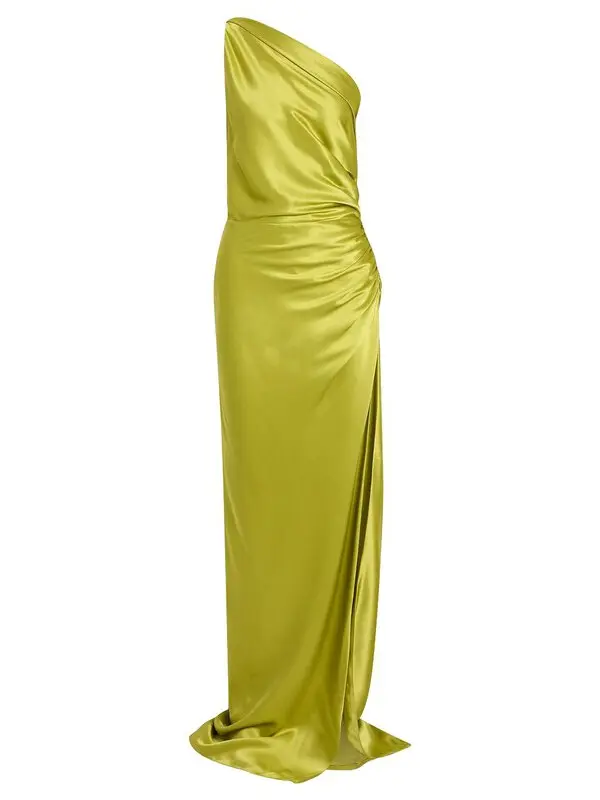 Michelle Mason One-shoulder Ruched Silk-satin Gown - Lime Green