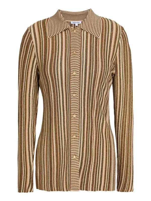 Veronica Beard Landon Metallic Striped Ribbed-knit Cardigan - Beige