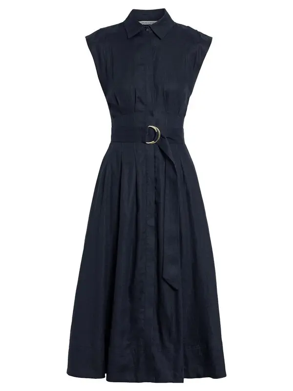 Veronica Beard Loreta Belted Linen Midi Shirt Dress - Navy