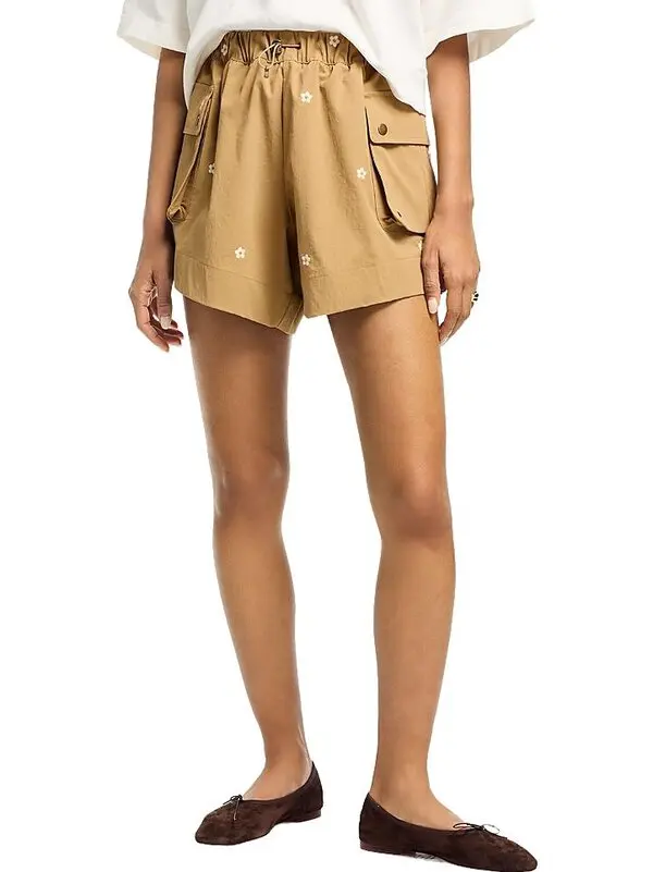 The Great. Embroidered Cargo Shorts - Khaki Daisy
