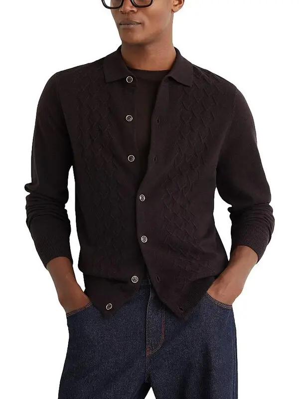 REISS Long Sleeve Button-through Cardigan With Stitch Detail - Chocolate