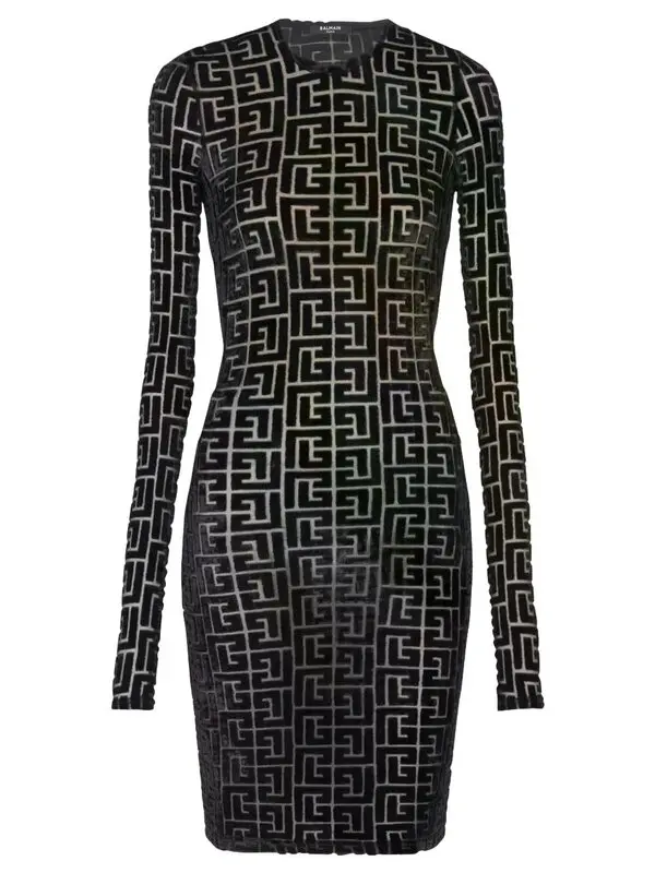 Balmain Monogram-pattern Velvet Dress - Black