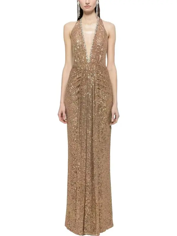 NISSA Sequined Halterneck Maxi Dress - Gold