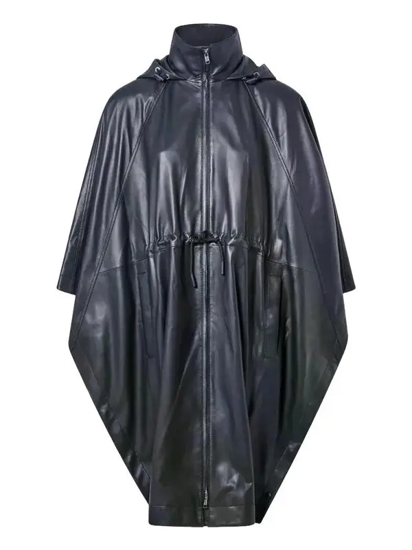 YVES SALOMON Hooded Waterproof Leather Cape - Black