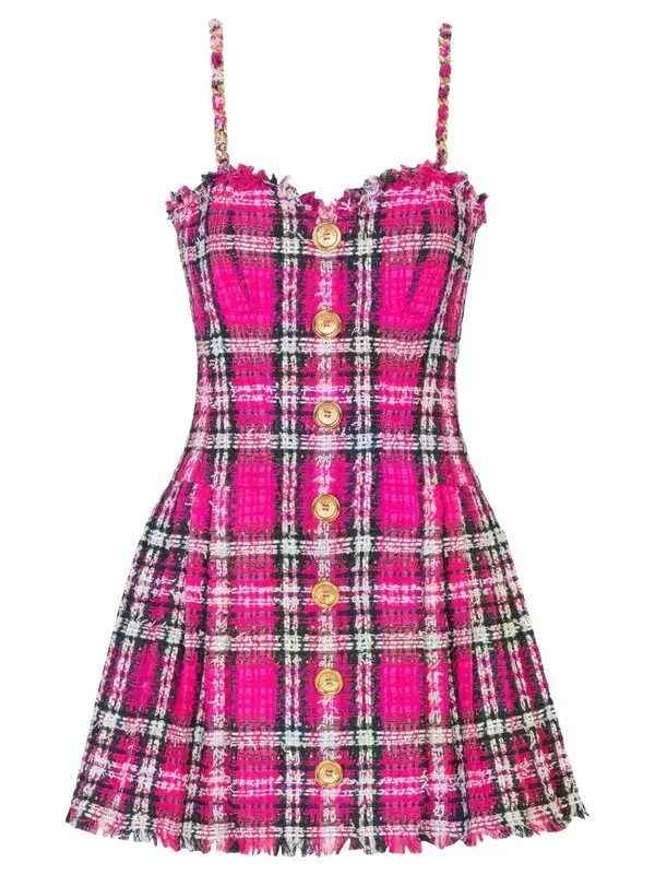 Balmain Plaid-check Chain-strap Dress - Pink