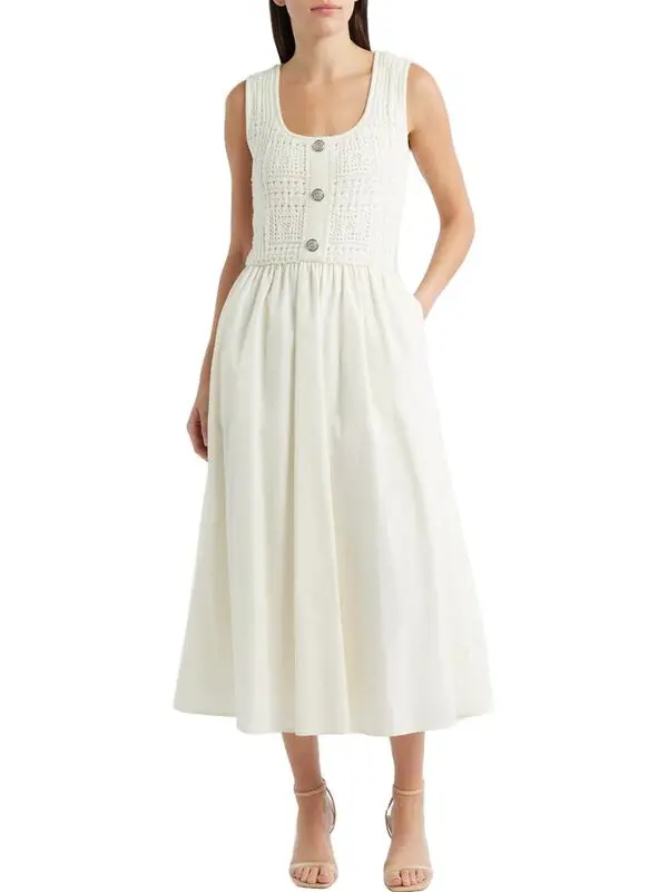 ZOE AND CLAIRE Mixed Media Pointelle Stitch Midi Dress - Ivory