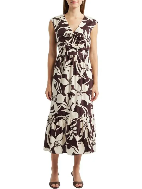Anne Klein Printed Bow Detail Sleeveless Midi Dress - Java Chip/ivory Shell
