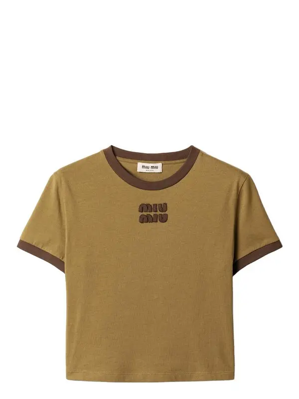 Miu Miu Embroidered Cotton Jersey T-shirt - Military Green/cocoa Brown