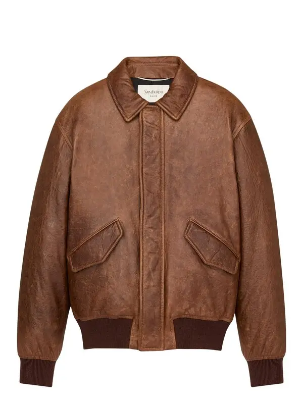 Saint Laurent Leather Bomber Jacket - Beige