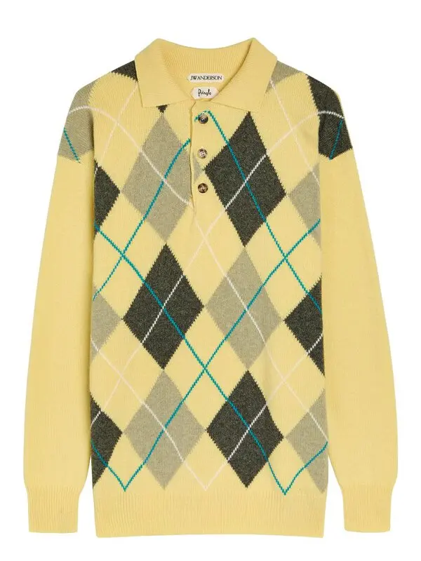 JW Anderson Argyle Wool Polo Jumper - Yellow