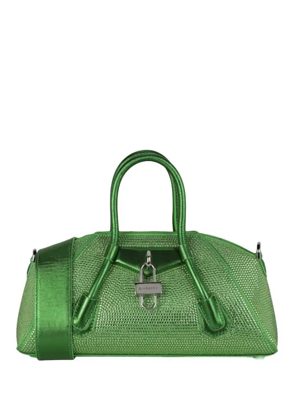 Givenchy Mini Antigona Stretch Top Handle Bag In Satin With Strass - Absynthe Green