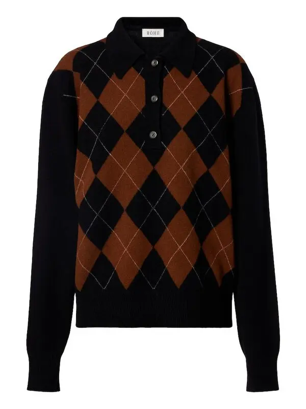 RÓHE Argyle Wool Polo Sweater - Black