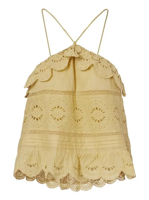 MARANT ETOILE Embroidered Ruffled Halterneck Cotton Top - Yellow