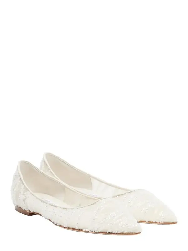 JIMMY CHOO Love Embellished Mesh Ballet Flats - White