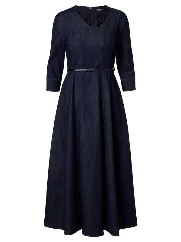 Max Mara Vela Embellished Denim Midi Dress - Blue