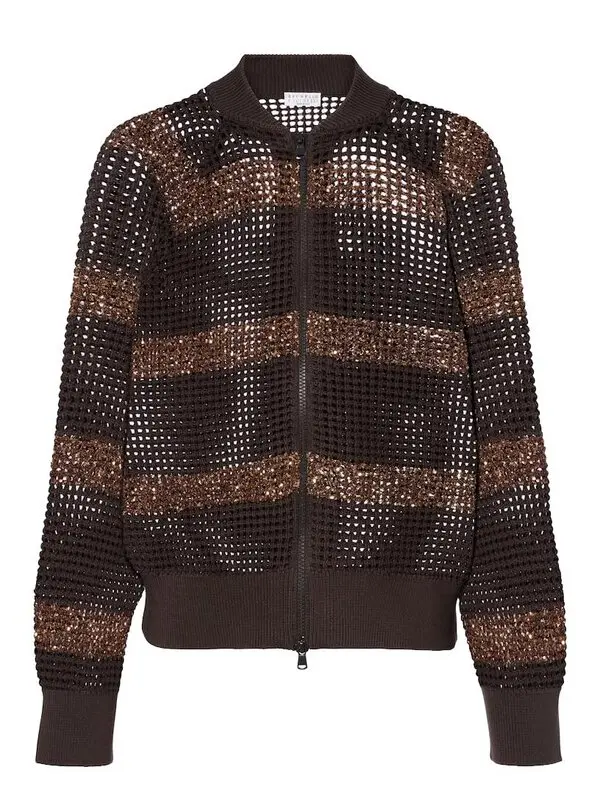 Brunello Cucinelli Open-knit Sequined Cotton Cardigan - Brown
