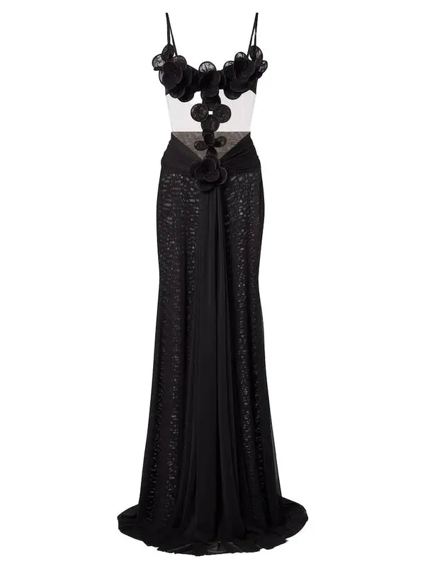 David Koma Floral-appliqué Mesh Gown - Black