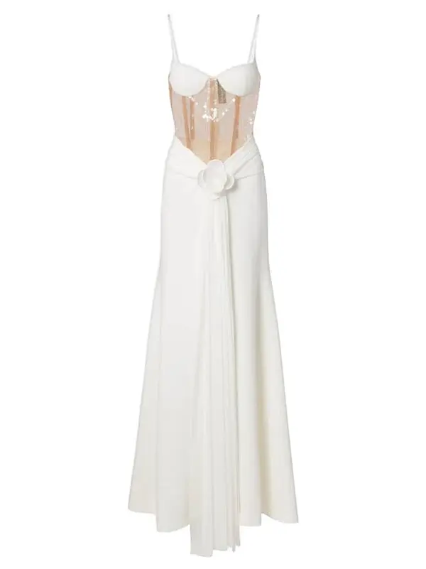 David Koma Floral-appliqué Sequined Bustier Gown - White