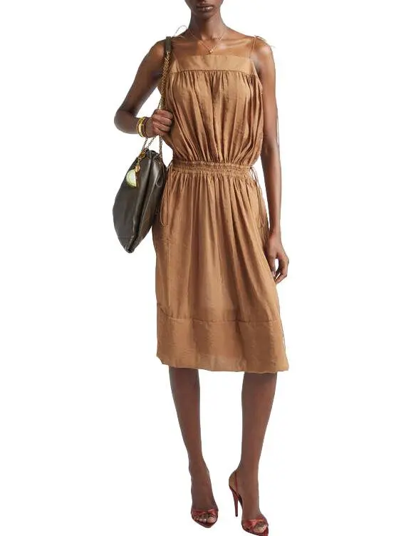 Saint Laurent Shirred Chiffon Satin Dress - Caramel