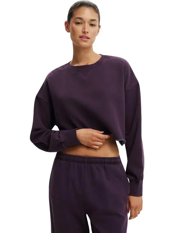 COTTON ON Cropped Fleece Sweatshirt - Washed Dark Mulberry
