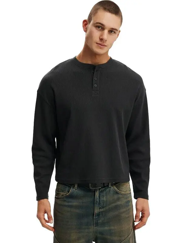 COTTON ON Relaxed Fit Textured Henley Long Sleeve - Washed Black Waffle