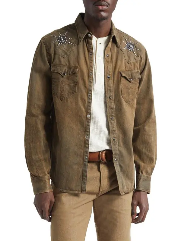 Double Rl Buffalo West Slim Fit Studded Denim Western Snap-up Shirt - Distressed Brown Wash