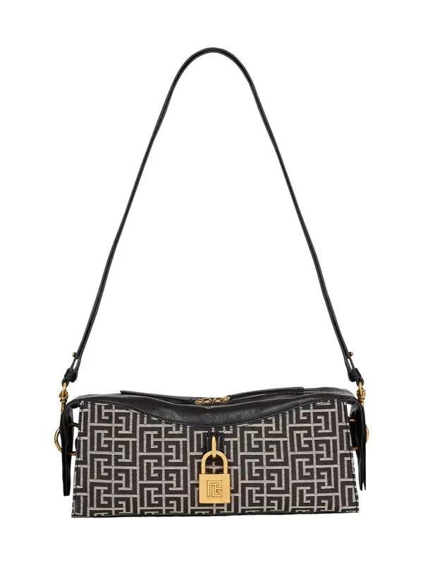 Balmain Pulse Baguette In Monogram Jacquard And Calfskin - Black