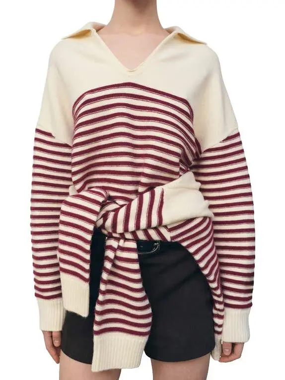 Mango Striped Johnny Collar Sweater - Ecru