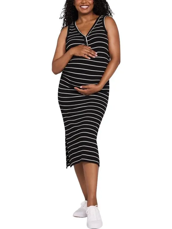 Motherhood Maternity Sleeveless Henley Racerback Midi Dress - Vanilla & Black Stripe