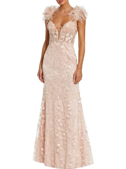 Mac Duggal Sheer Applique Bustier Gown With Feather Straps - Peach