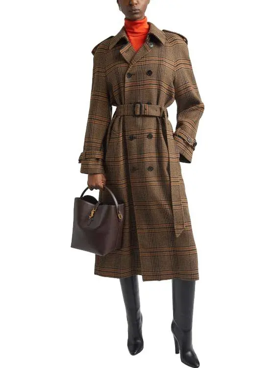 Saint Laurent Prince Of Wales Wool Trench Coat - Marron/beige/roux