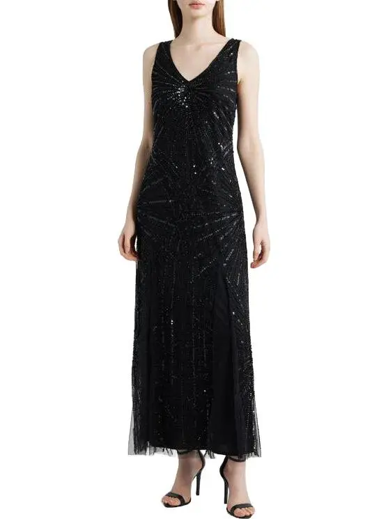Pisarro Nights Beaded Sleeveless Tulle Gown - Black 001