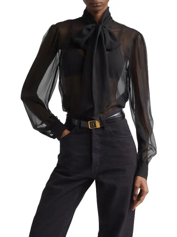 Saint Laurent Sheer Silk Chiffon Tie Neck Shirt - Noir