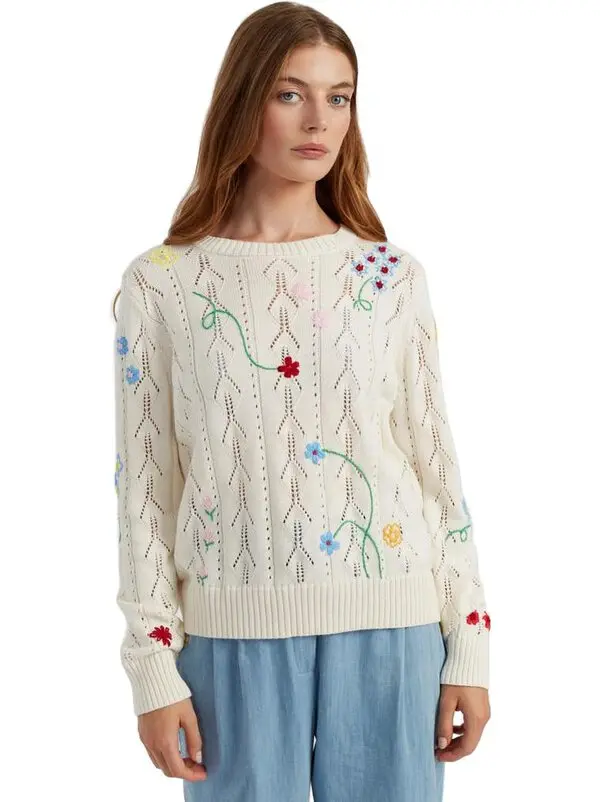Chinti & Parker Hand-embroidered Floral Cotton Sweater - Cream