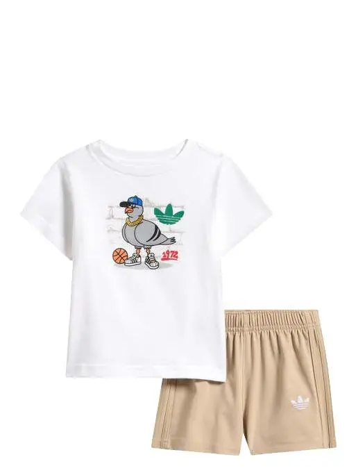Adidas 3-stripes Woven T-shirt & Shorts Set - White/brown Multi