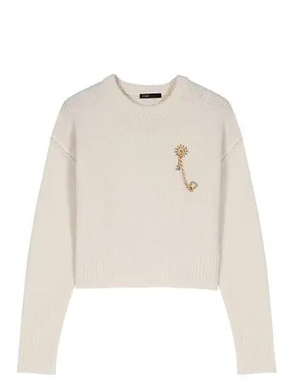 Maje Floral-brooch Wool And Cashmere-blend Jumper - Ecru
