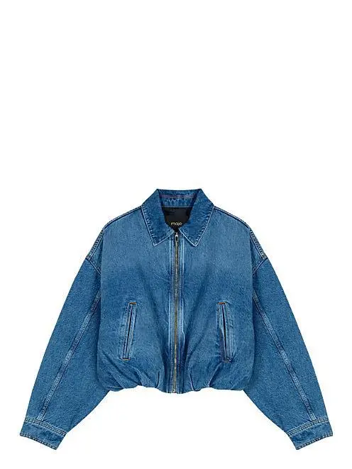 Maje Collared Denim Bomber Jacket - Blue