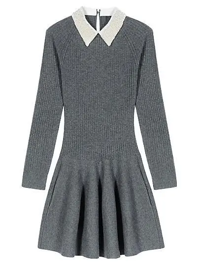 Maje Ribbed Beaded-collar Stretch-knit Mini Dress - Grey