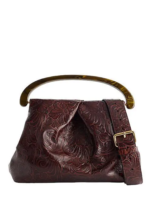 Dries Van Noten Flower-embroidered Pleated Leather Top-handle Bag - Wood