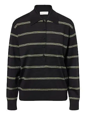 Dries Van Noten Tuno Striped Merino Wool Polo Top - Black