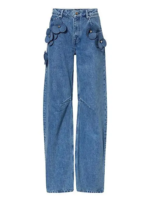 David Koma Floral-motif Barrel-leg Denim Jeans - Indigo
