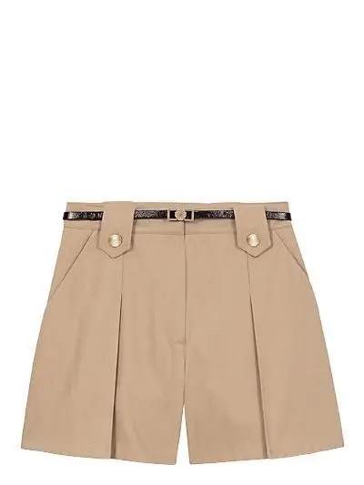 Maje High-rise Pleated Cotton Shorts - Mastic Beige
