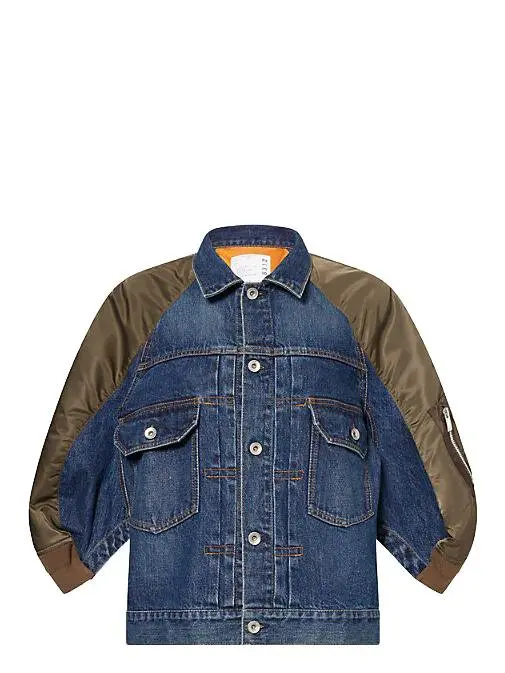 Sacai Contrast Raglan-sleeve Nylon And Denim Jacket - Blue Khaki