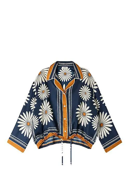 Sandro Floral-print Tie-hem Silk Shirt - Deep Blue / Ocher