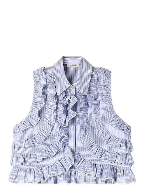 Sandro Ruffled Striped Shirt - Bleu / Marine