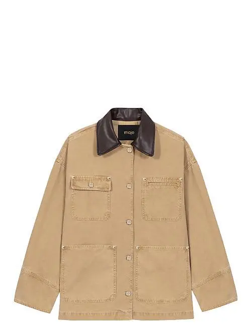 Maje Collared Pleated-back Denim Jacket - Beige