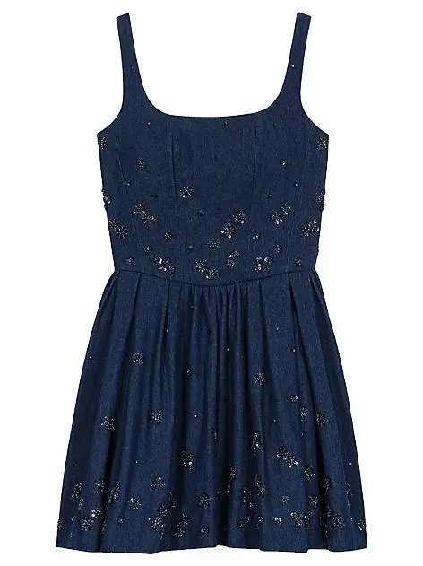 Maje Flared Sequin-embroidered Denim Mini Dress - Navy
