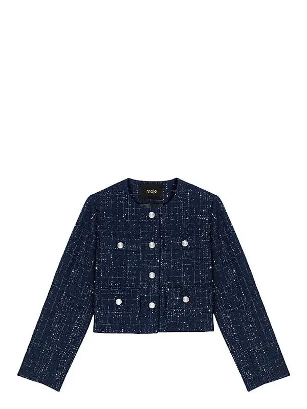 Maje Tweed-textured Cropped Cotton-blend Jacket - Navy