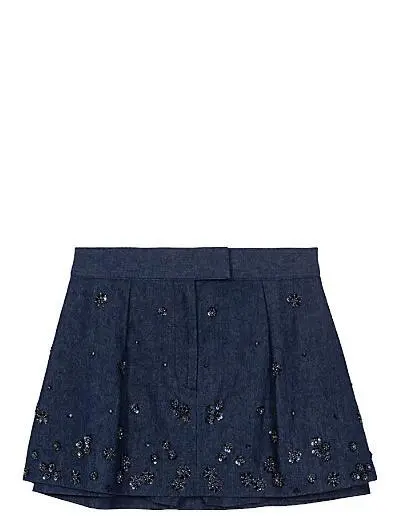 Maje Sequin-embroidered Denim Shorts - Navy