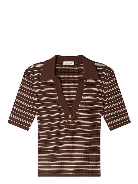 Sandro Striped Slim-fit Knitted Polo Shirt - Brown